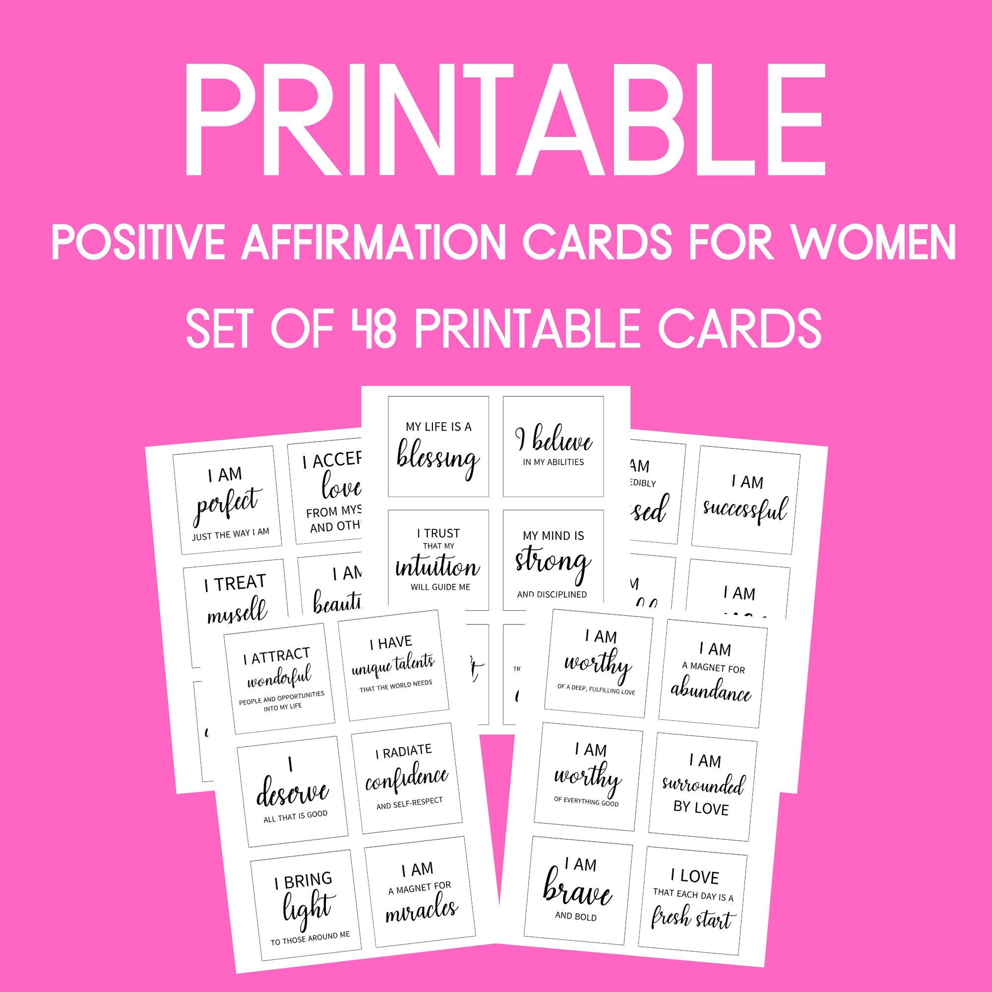 Printable Affirmation Cards for Women, Set of 48 Self Love Affirmation ...