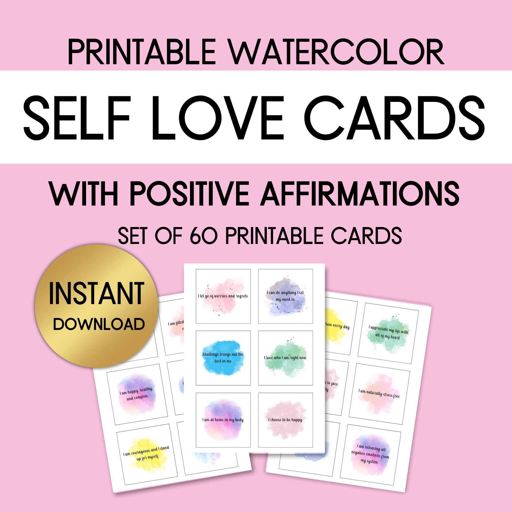 Self Love Affirmation Cards, Set of 60 Printable Positive Affirmation ...