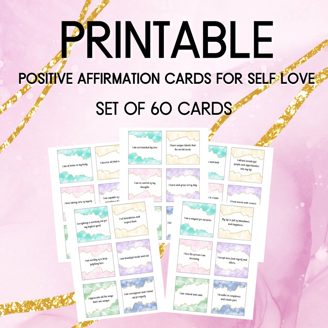 Self Love Affirmation Cards, Set of 60 Printable Positive Affirmation ...