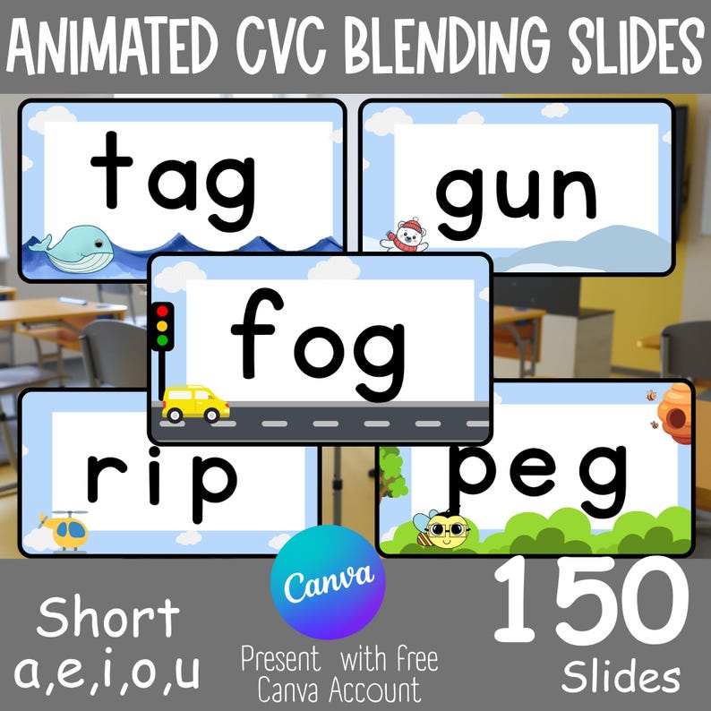 Preschool CVC Phonics Blending Slides Animated Editable Template ...