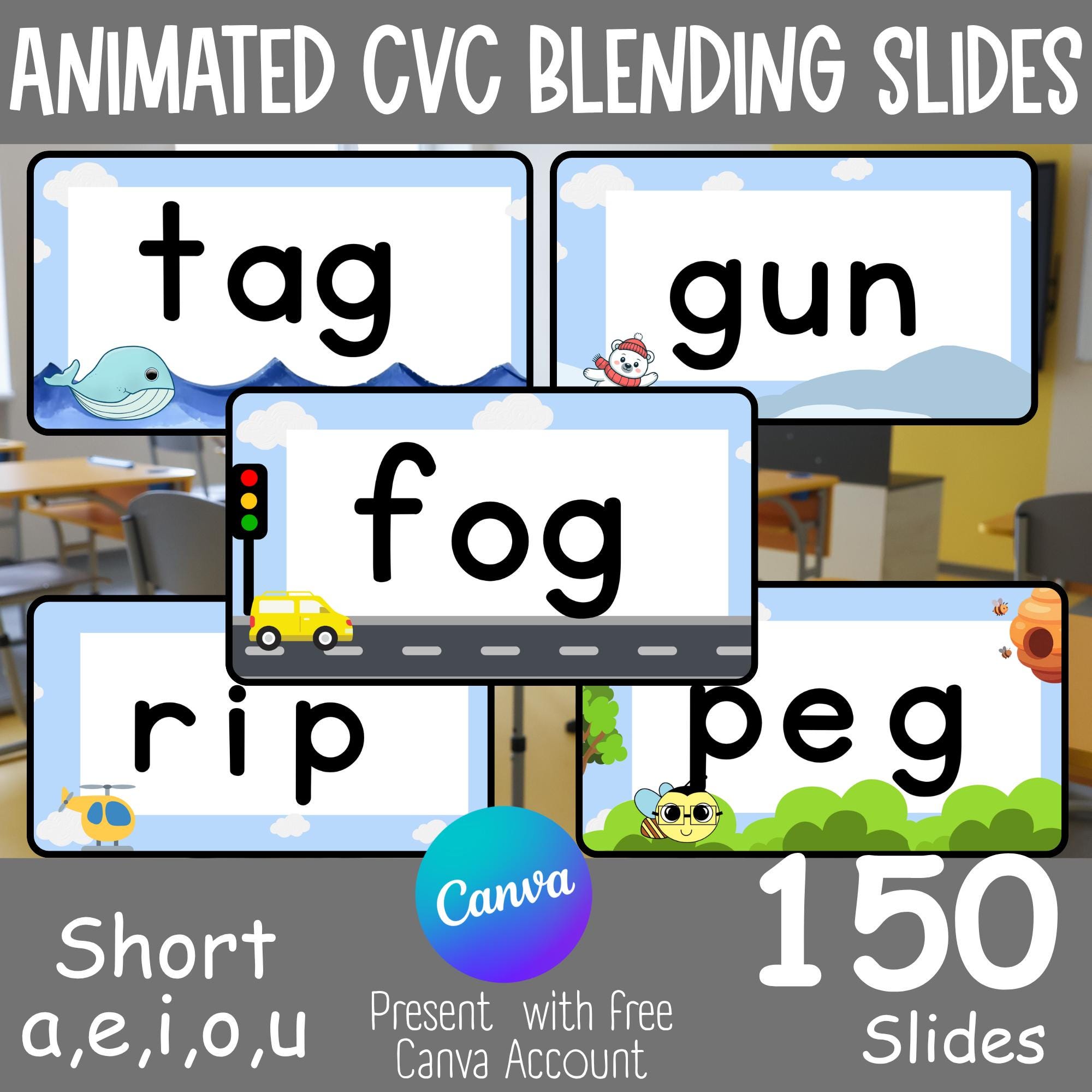 Preschool CVC Phonics Blending Slides Animated Editable Template ...
