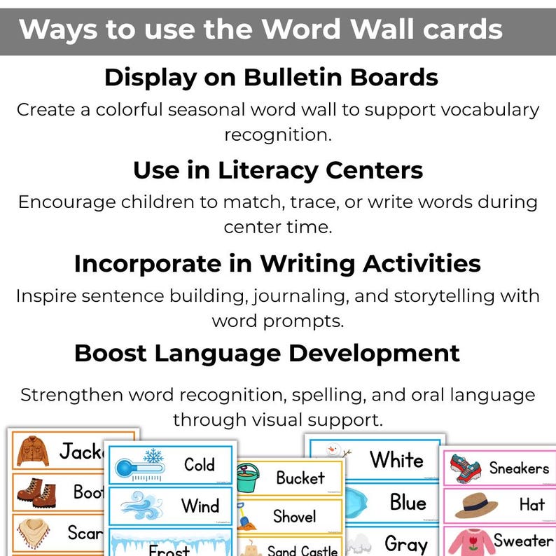 Seasons Word Wall Cards for Reading and Writing Center, Vocabulary ...
