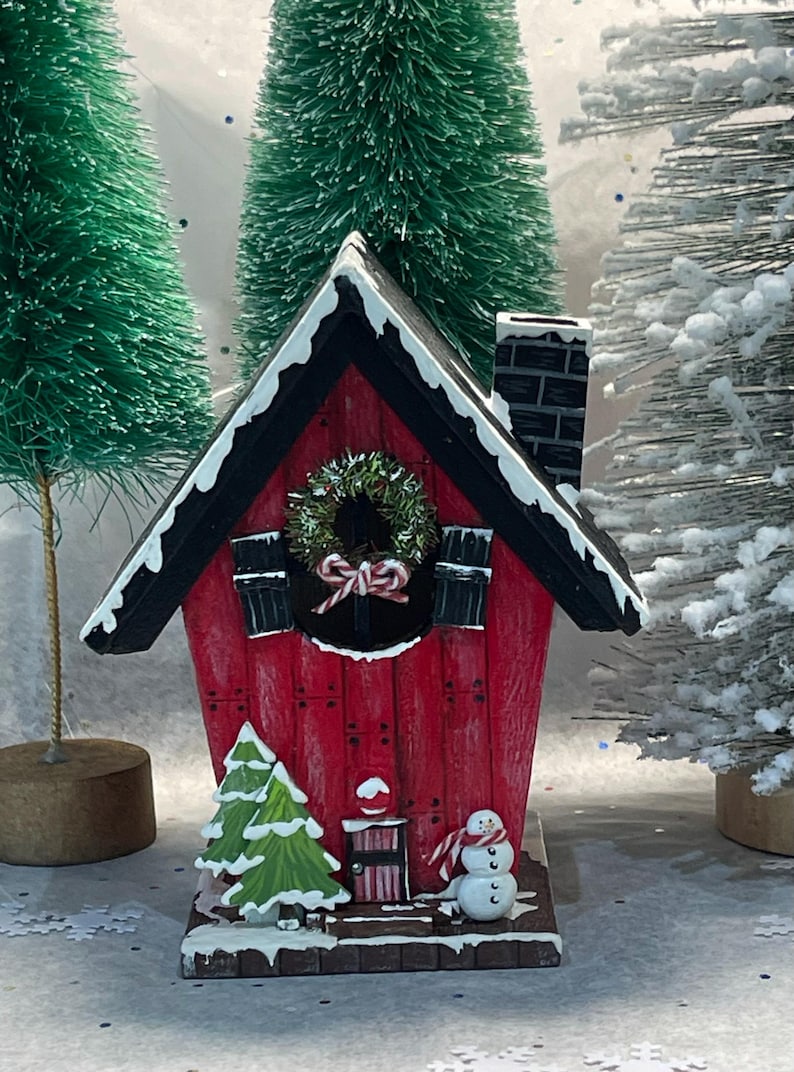 Christmas Birdhouse / Small Winter House / Cottage / Ornament / Wooden ...