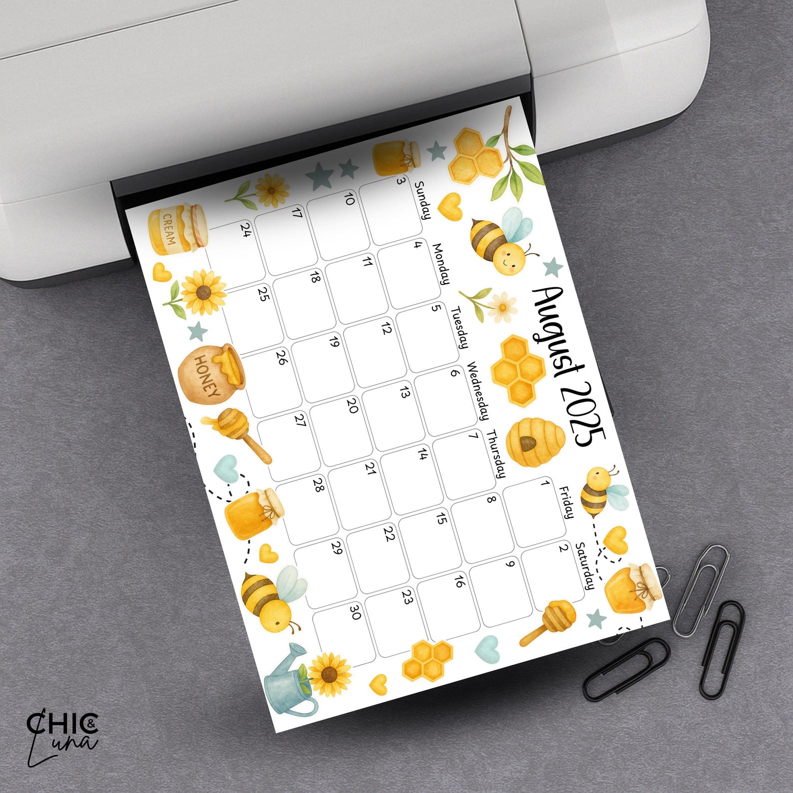 August 2025 Bee Calendar: Honey Theme, Sunday Start (fillable PDF) - Etsy