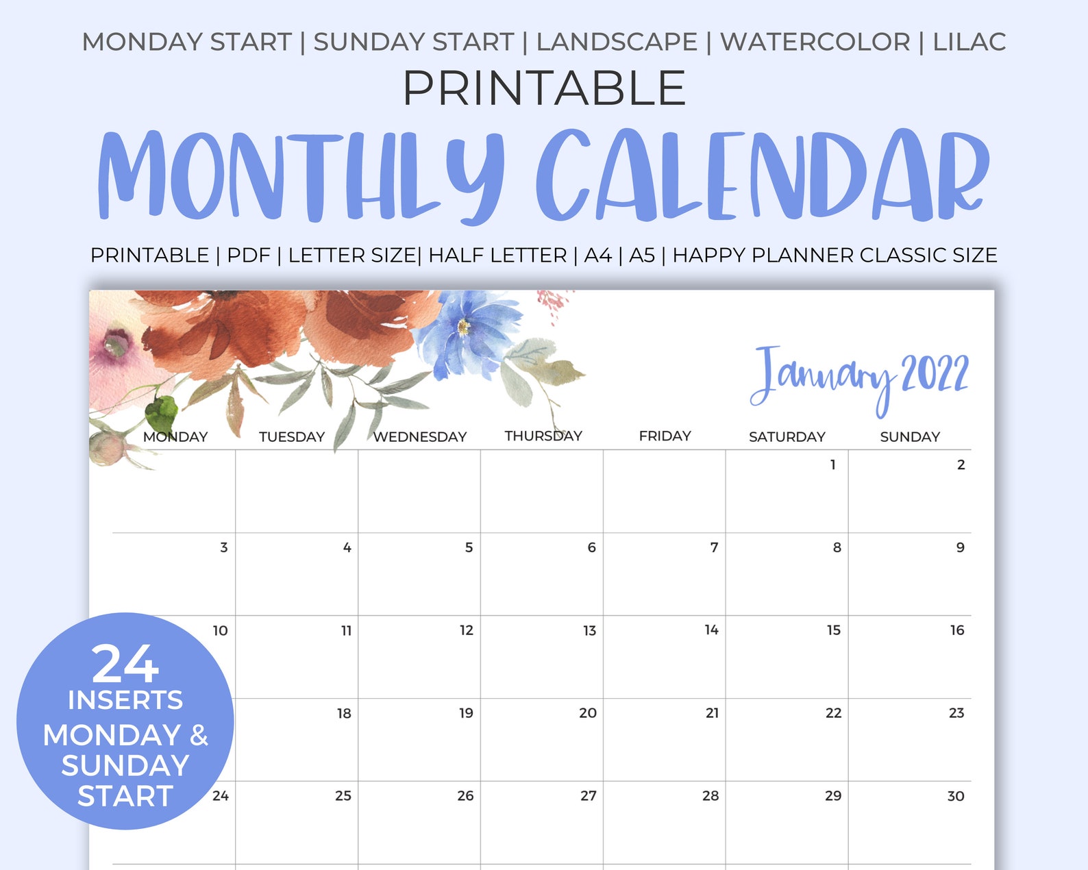 2022 Monthly Calendar Printable Instant Download Horizontal - Etsy