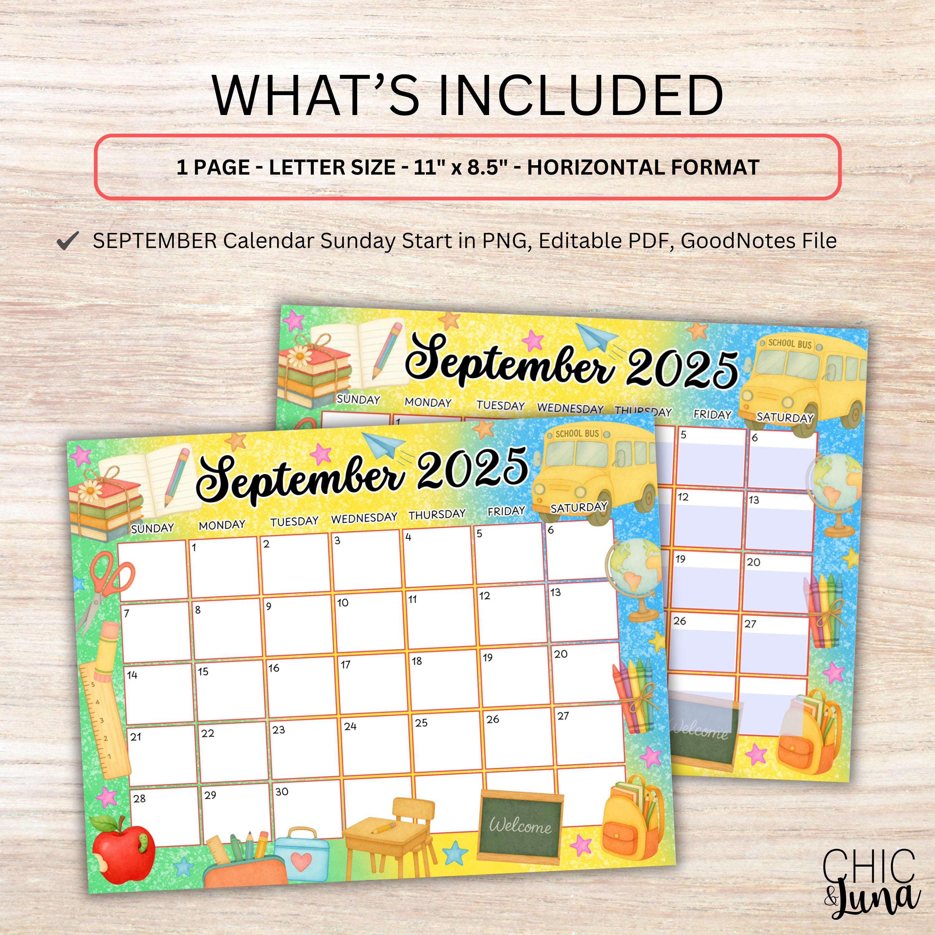 Editable September 2025 Calendar Printable, Back to School Theme, PDF ...