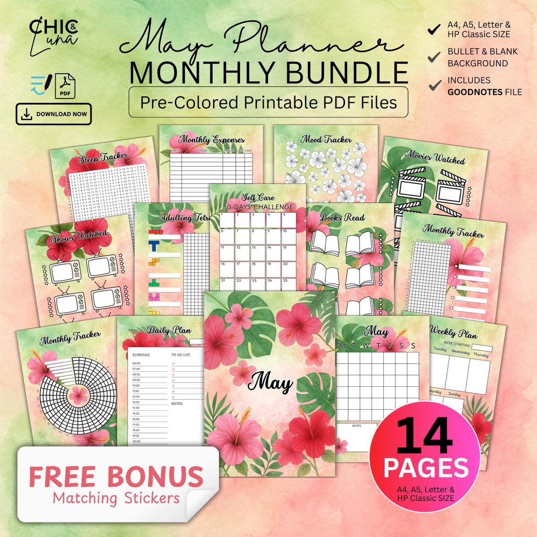 Printable May Monthly Planner Bundle: Trackers, Checklists (PDF) - Etsy