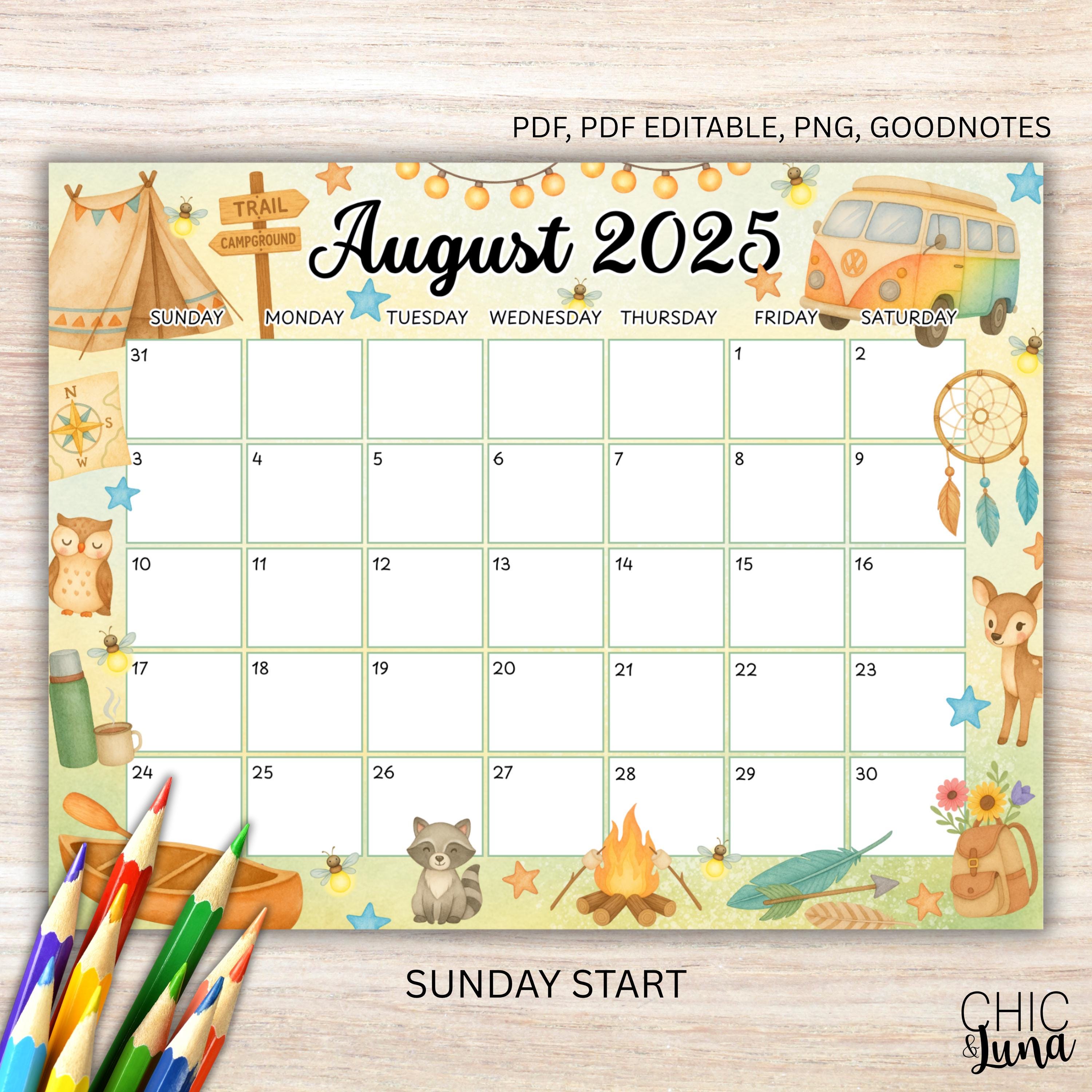 Editable August 2025 Calendar Printable, Summer Camp Theme, Boho ...