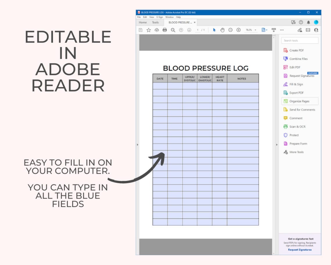 Blood Pressure Chart Printable - Instant Download, Medical Tracker ...