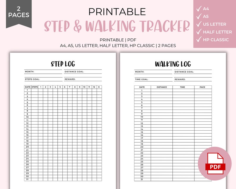Step & Walking Tracker - Printable, Download, Step Log, Planner Insert ...