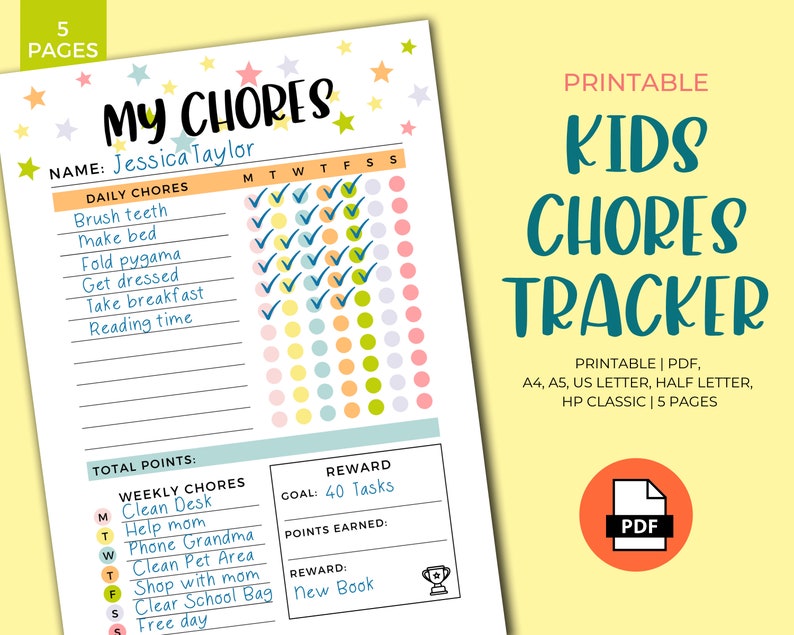 Kids Chores Tracker Printable Instant Download, Daily Weekly Chore ...