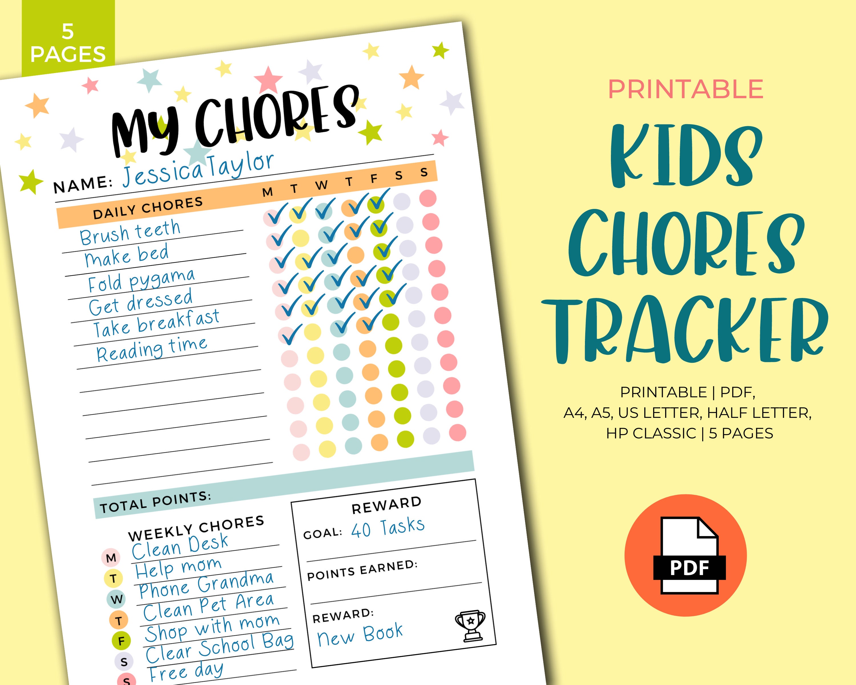 Kids Chores Tracker Printable Instant Download, Daily Weekly Chore ...