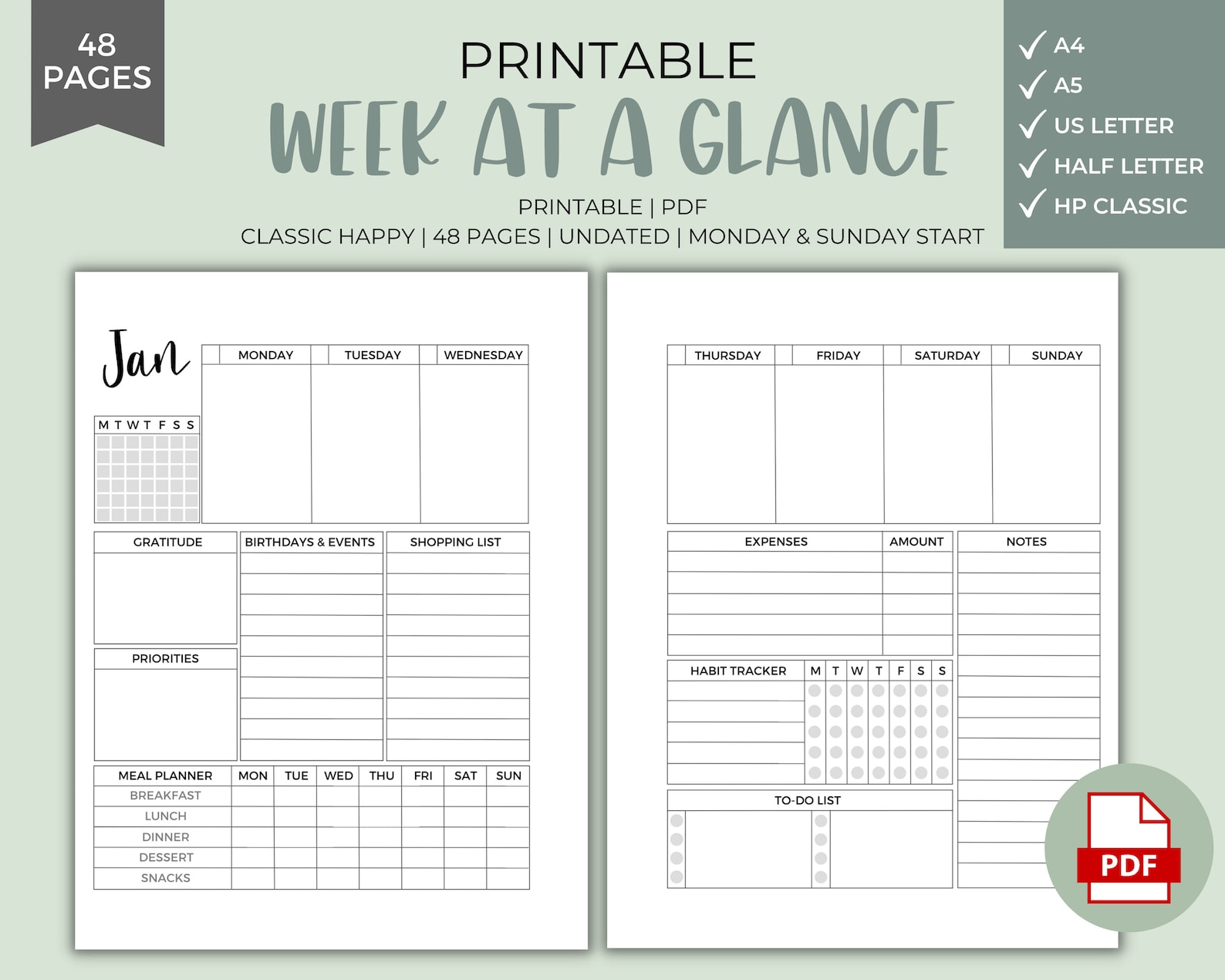 Week at a Glance Printable Instant Download Weekly Planner - Etsy