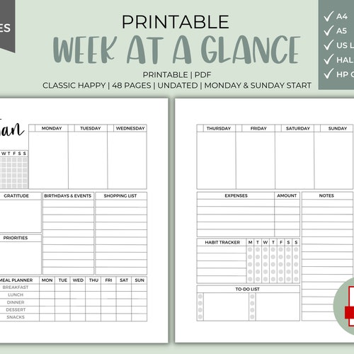 Week at a Glance Printable Instant Download Weekly Planner - Etsy