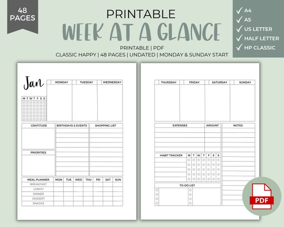 Week at a Glance Printable Instant Download Weekly Planner | Etsy