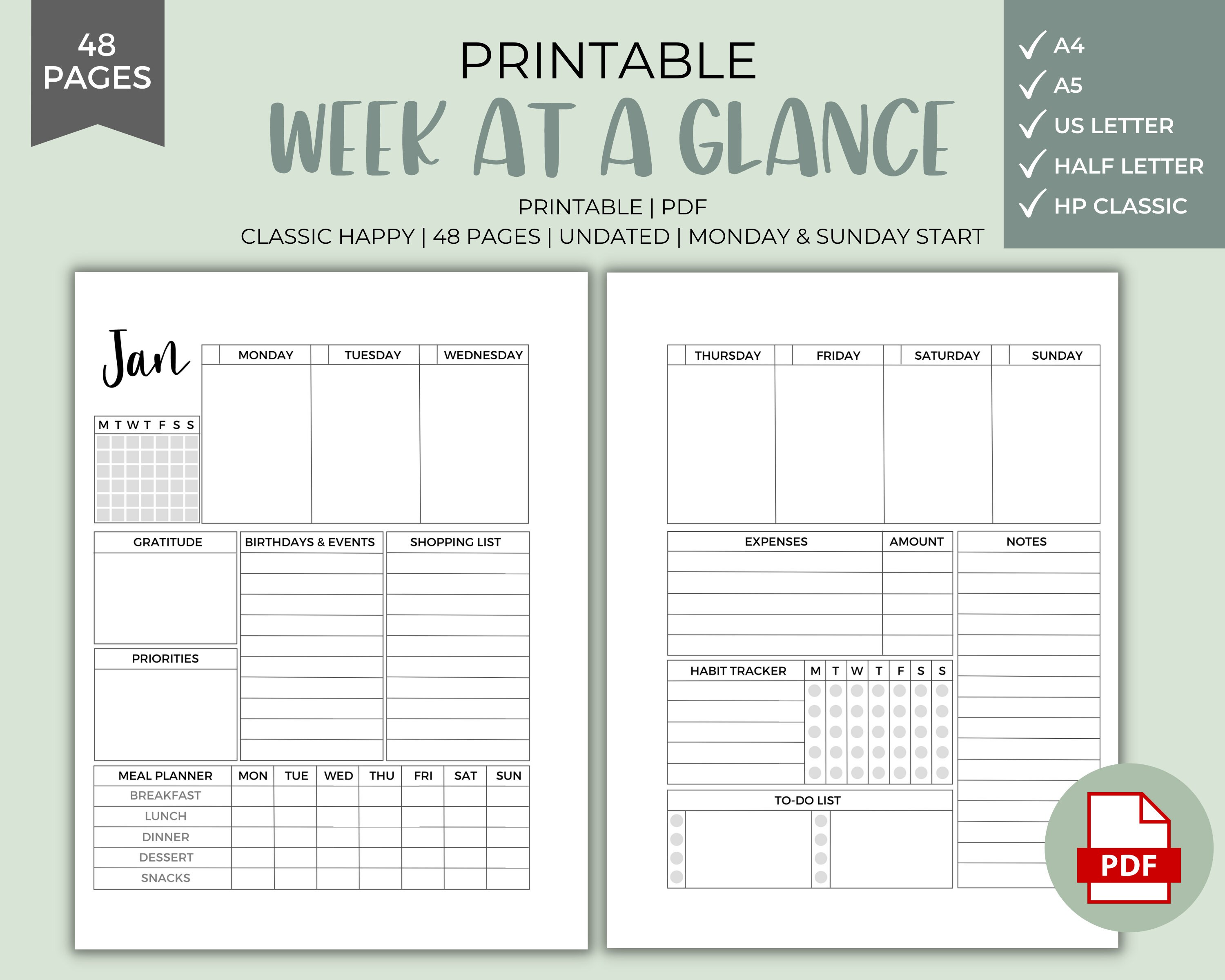 Week at a Glance Printable Instant Download Weekly Planner - Etsy