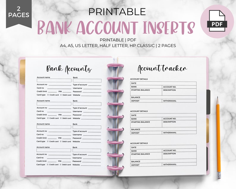 Printable Bank Account Tracker Inserts (PDF Download) - Etsy UK