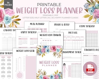 Weight Loss Journal Tracker Planner Workout Fitness Printable Digital ...