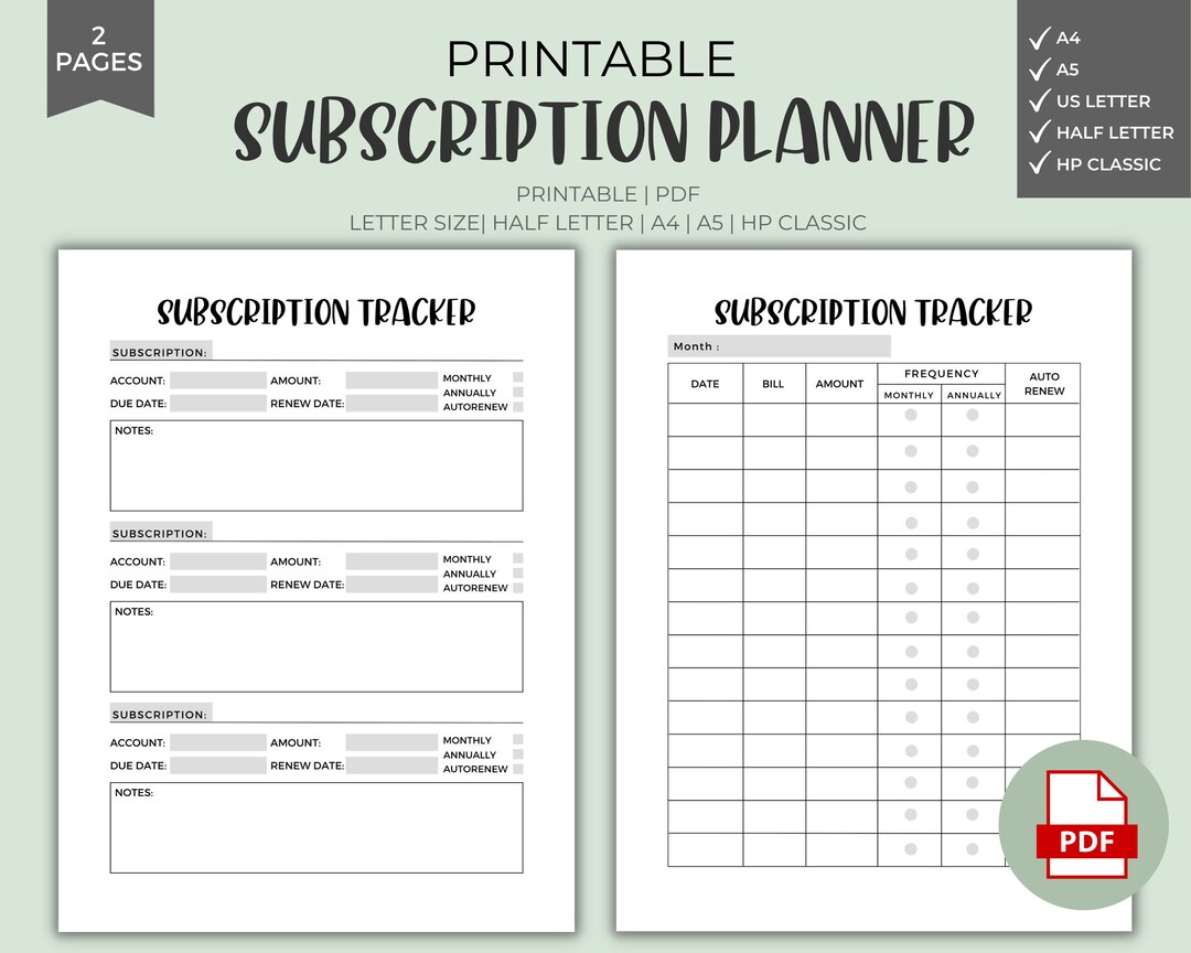 Subscription Tracker - Printable, Download, Subscription Log, Expenses ...