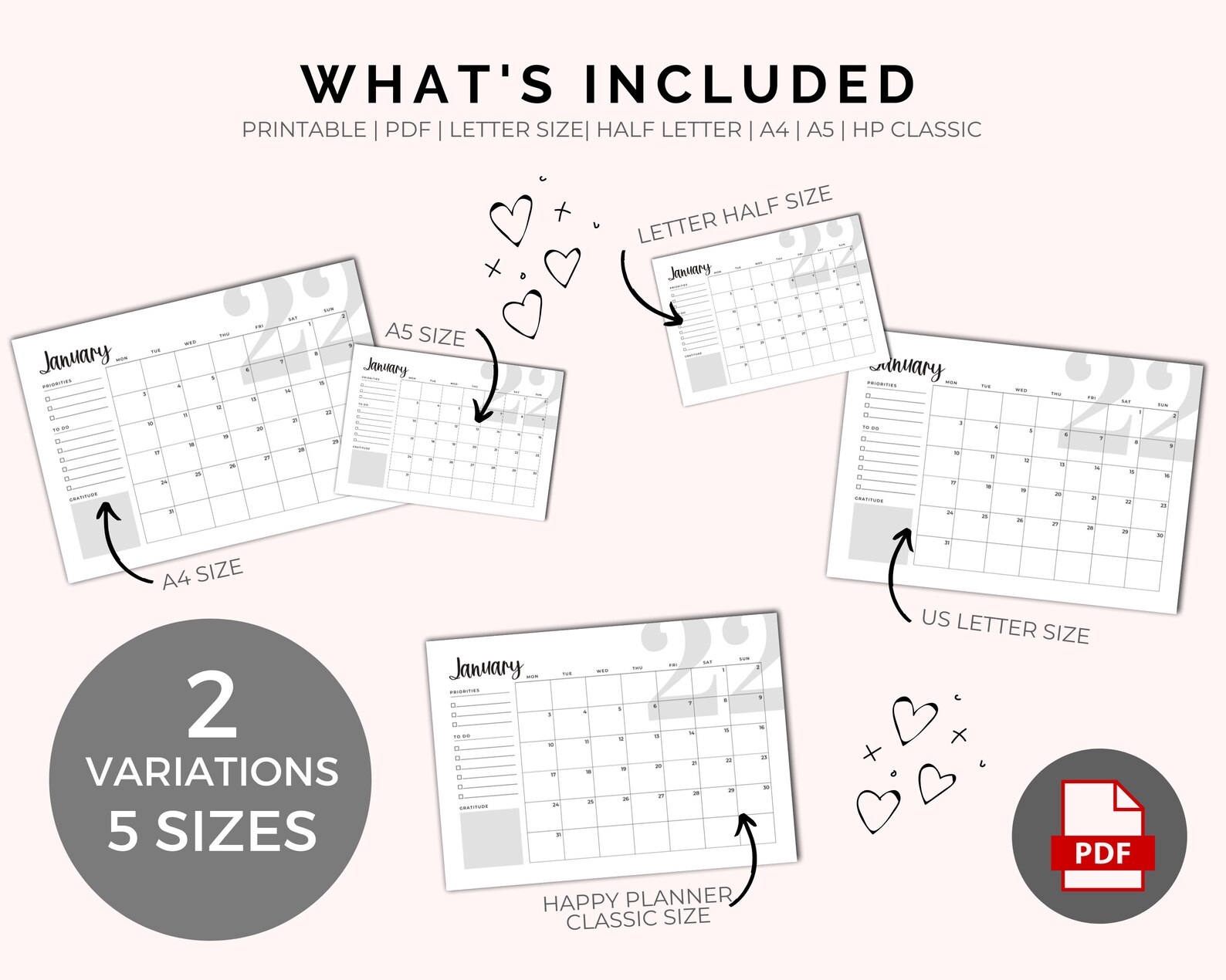 2022 Monthly Calendar Printable Instant Download, Horizontal A4, A5 ...