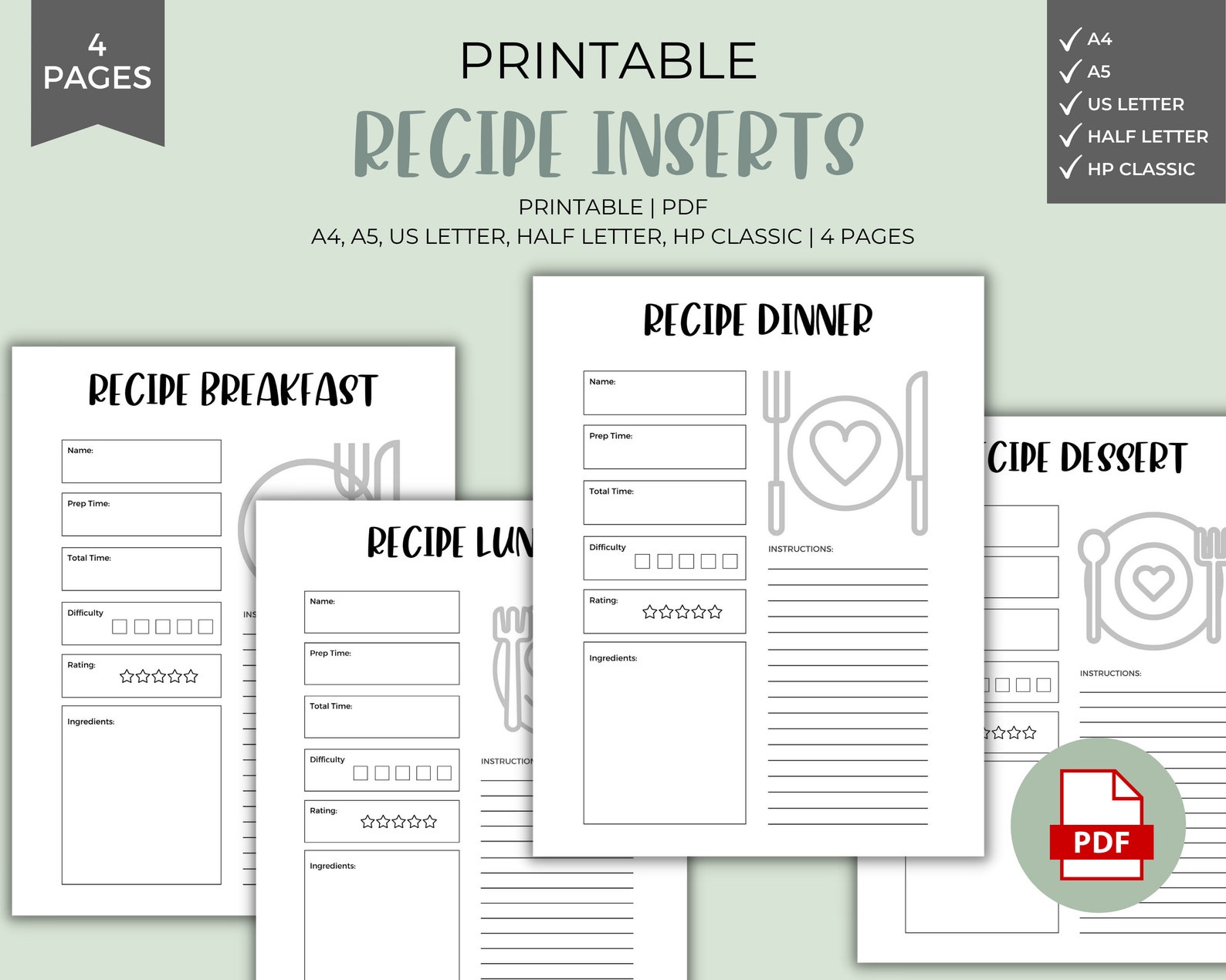 Recipe Inserts Printable Instant Download Recipe Planner | Etsy