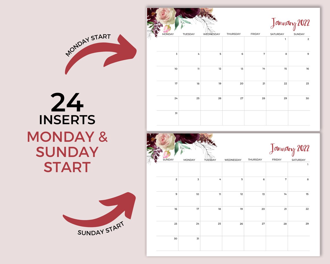 2022 Monthly Calendar Printable Instant Download, Horizontal A4, A5 ...
