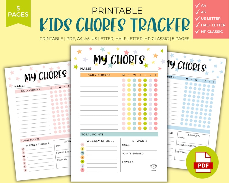 Kids Chores Tracker Printable Instant Download, Daily Weekly Chore ...