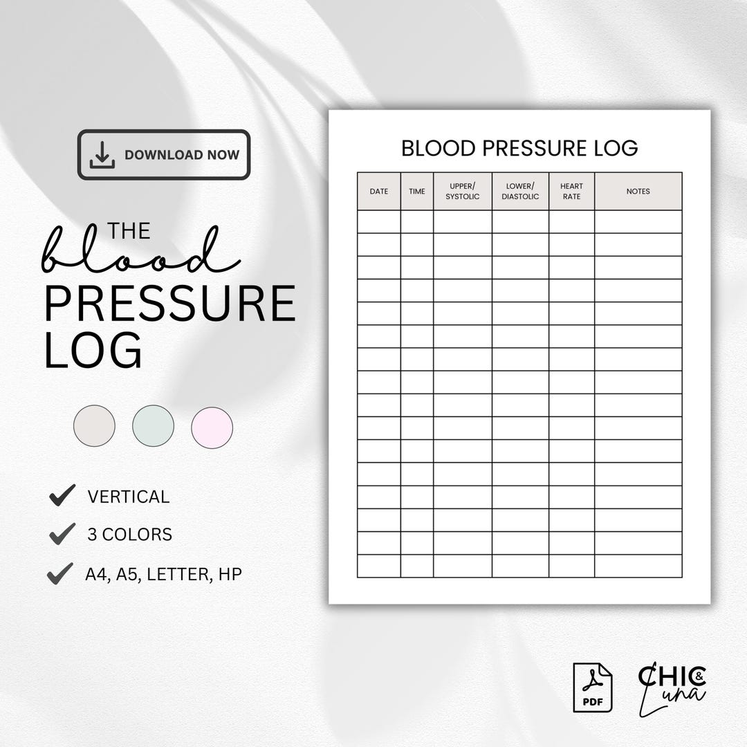 Blood Pressure Log Printable - Instant Download, Medical Tracker, Blood ...