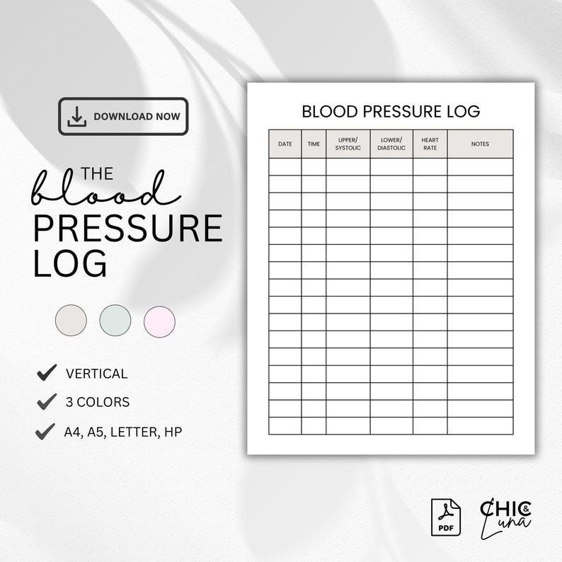 Blood Pressure Log Printable - Instant Download, Medical Tracker, Blood ...