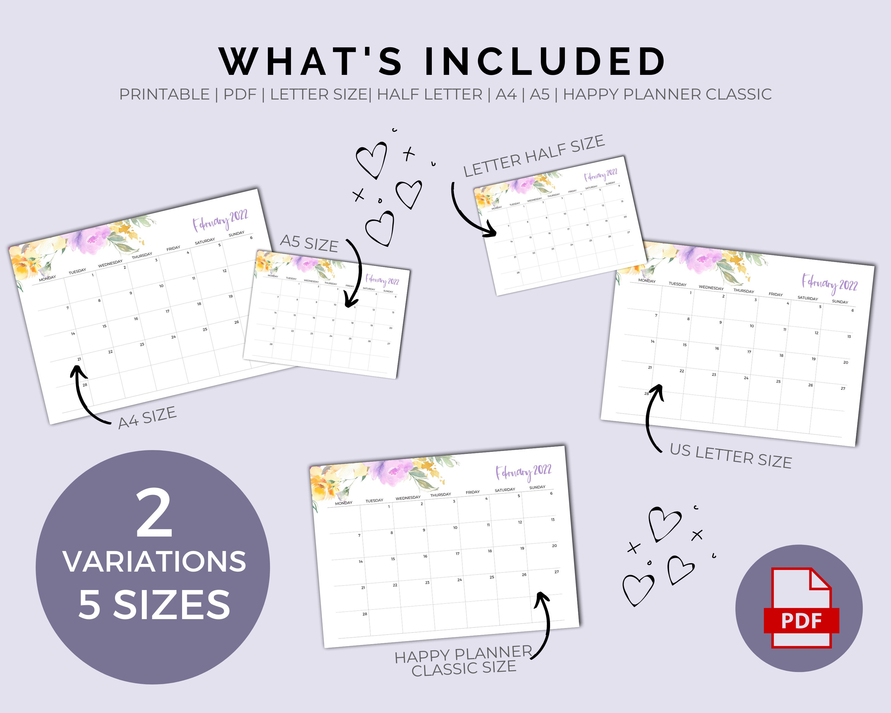 2022 Monthly Calendar Printable Instant Download, Horizontal Monthly ...