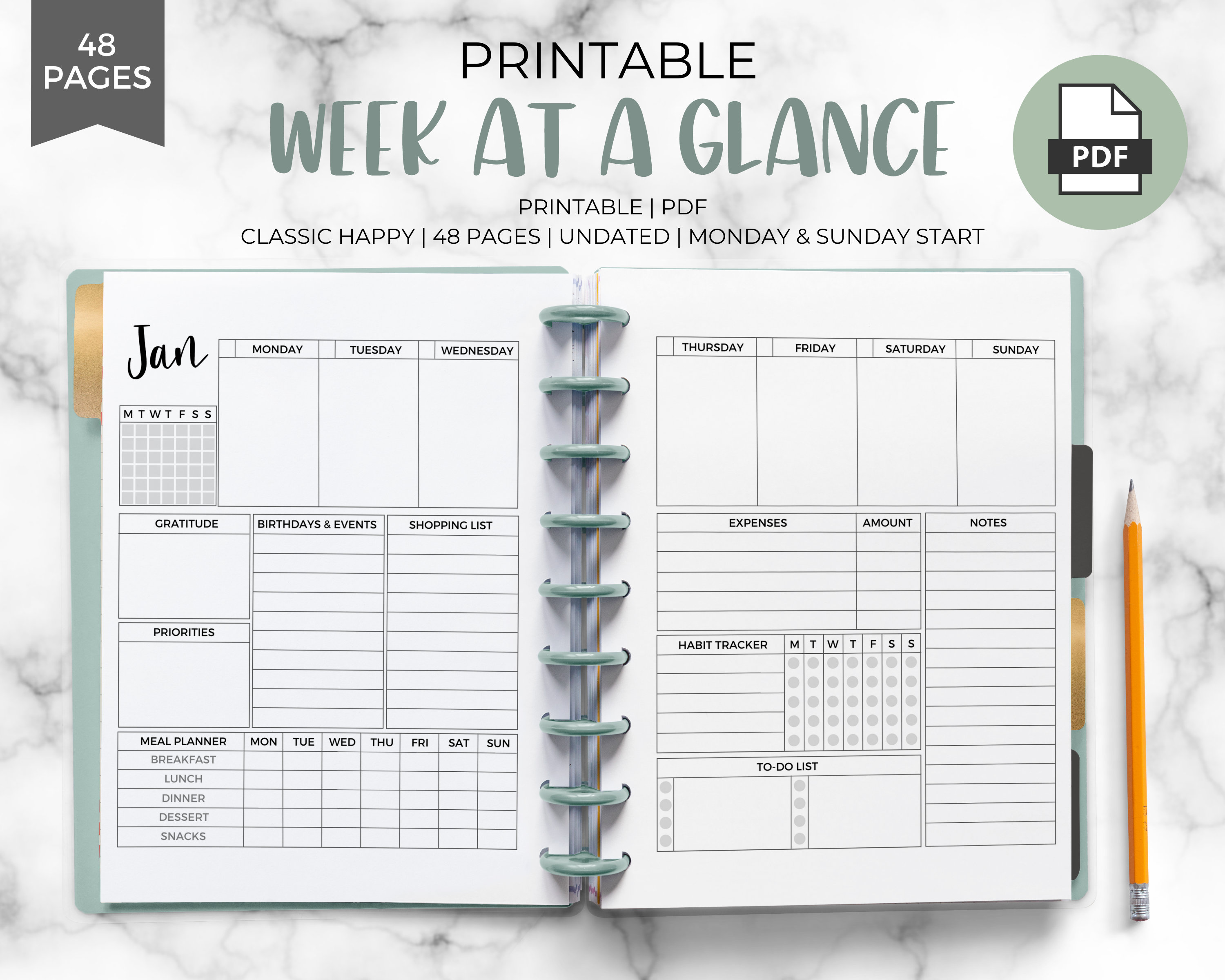 Week at a Glance Printable Instant Download Weekly Planner - Etsy