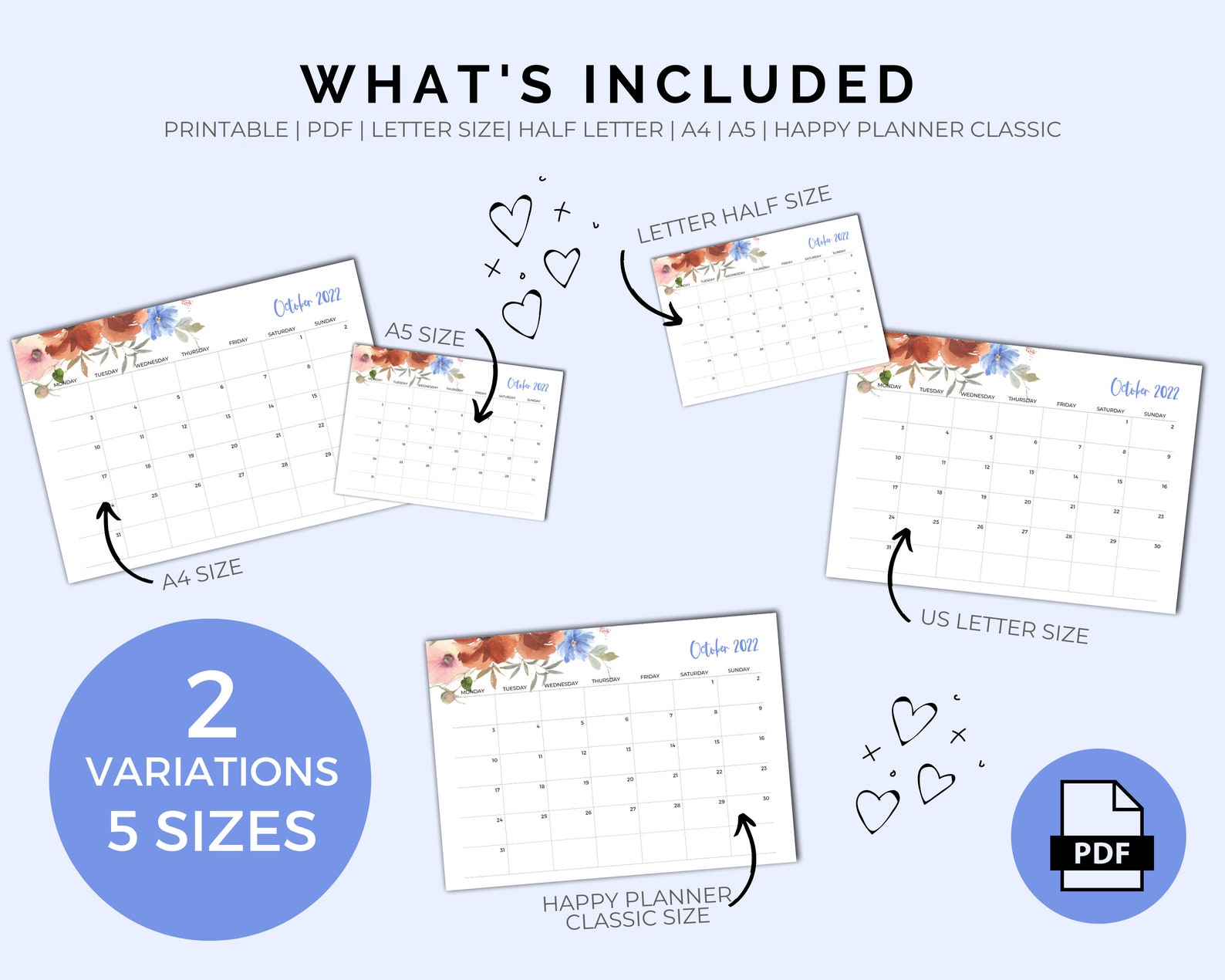 2022 Monthly Calendar Printable Instant Download Horizontal - Etsy
