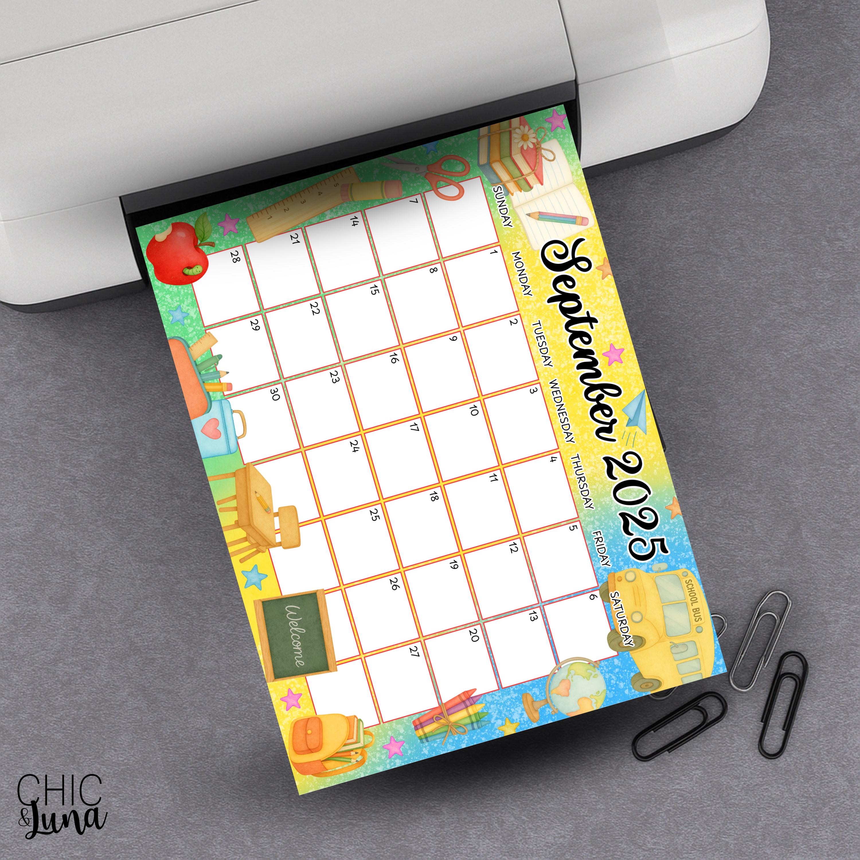 Editable September 2025 Calendar Printable, Back to School Theme, PDF ...