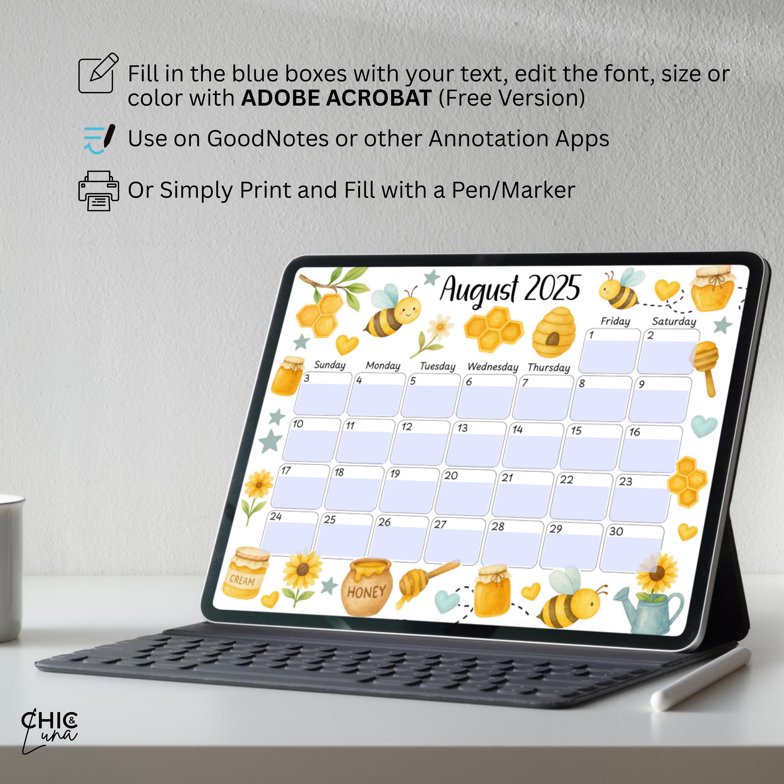 August 2025 Bee Calendar: Honey Theme, Sunday Start (fillable PDF) - Etsy