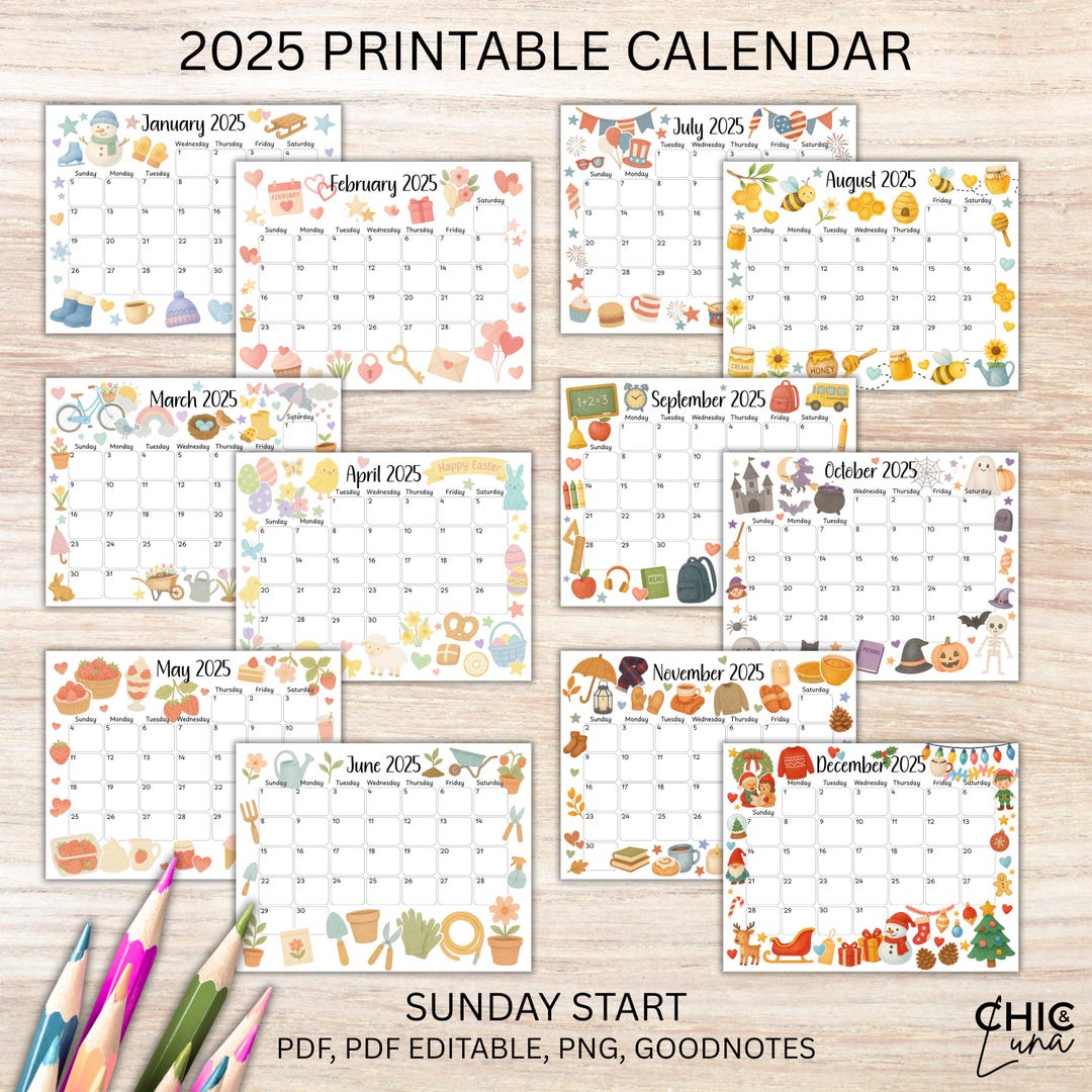 2025 Printable Calendar Bundle – Cute Monthly Theme Planners, PNG ...