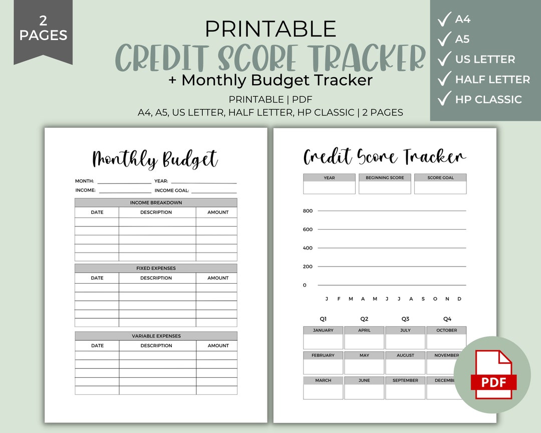 Credit Score & Monthly Budget Tracker Printable (PDF) - Etsy
