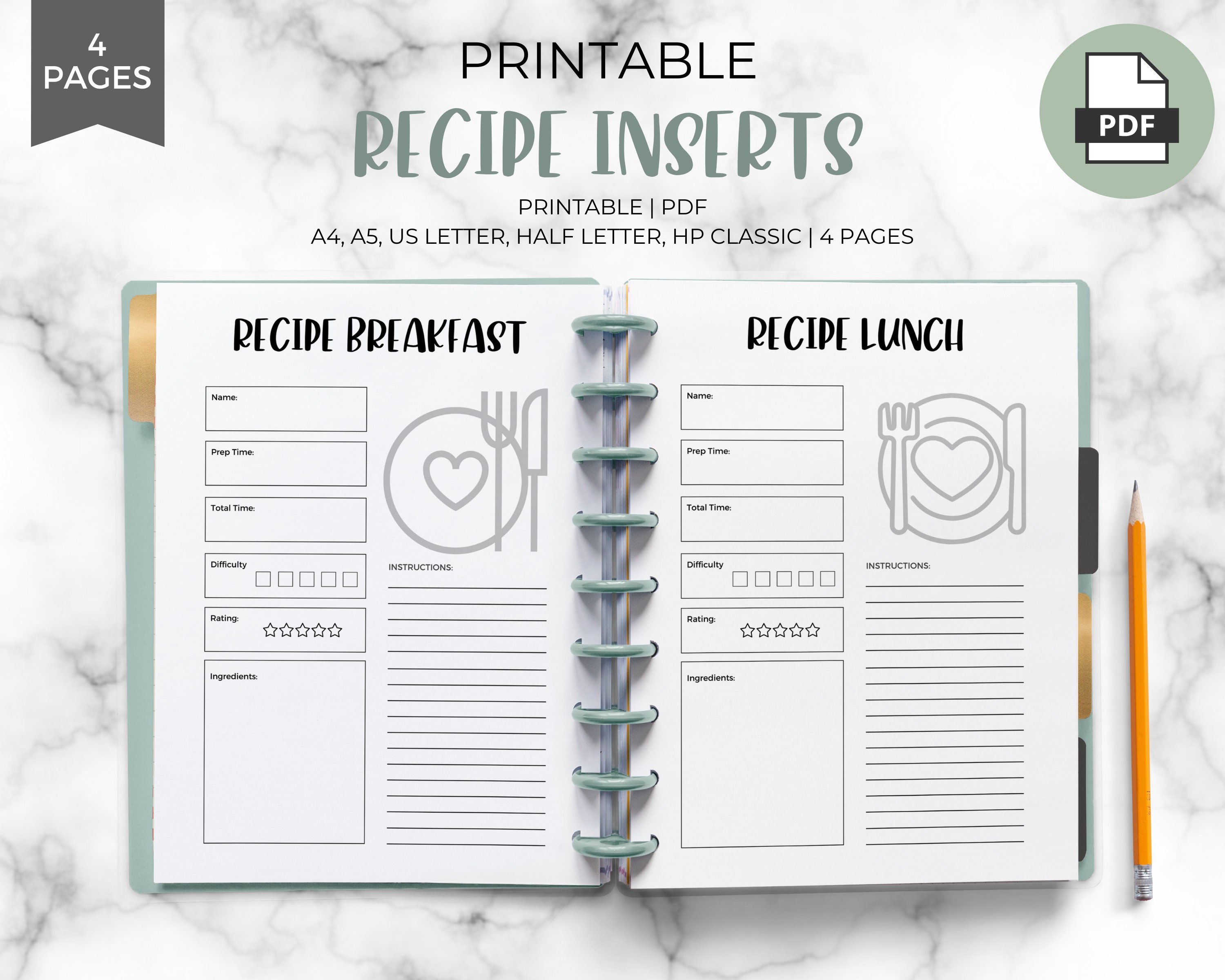 Recipe Inserts Printable Instant Download Recipe Planner | Etsy