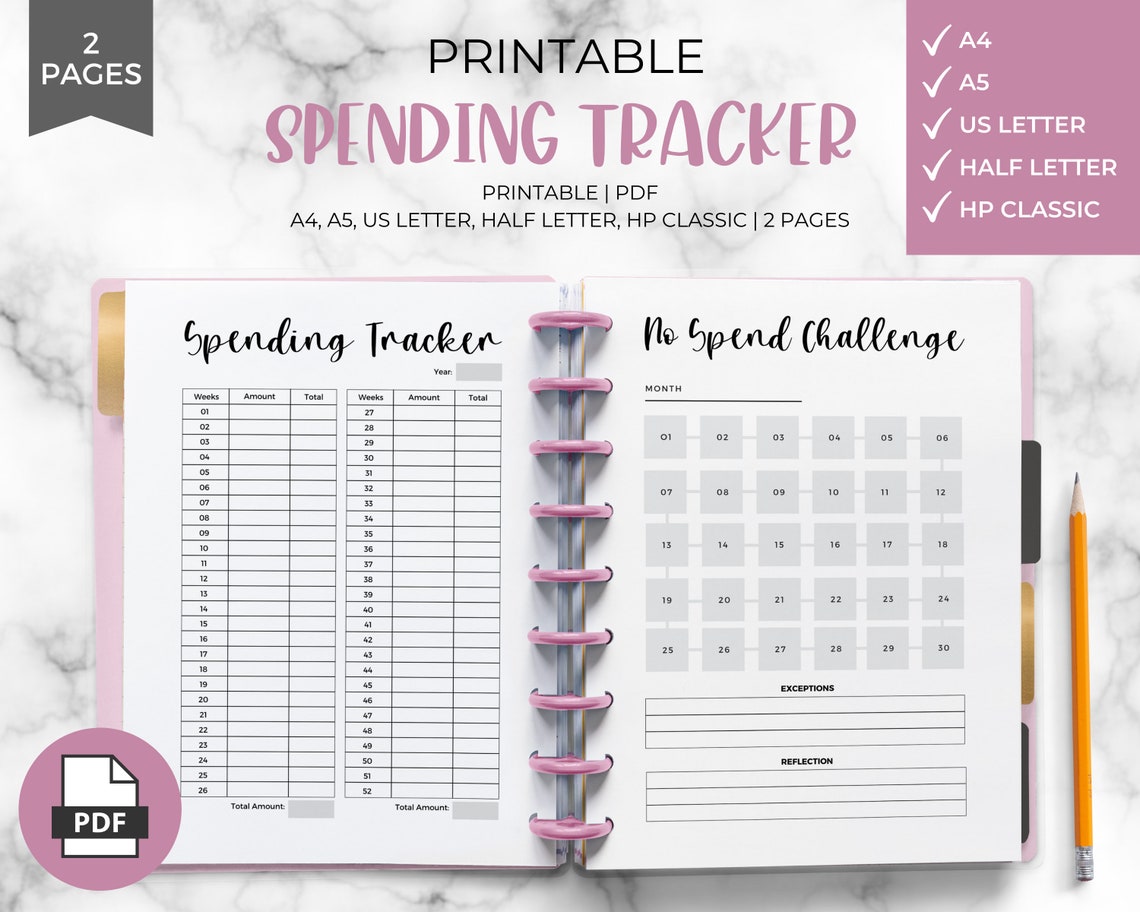 Spending Tracker Printable Instant Download, No Spend Challenge ...
