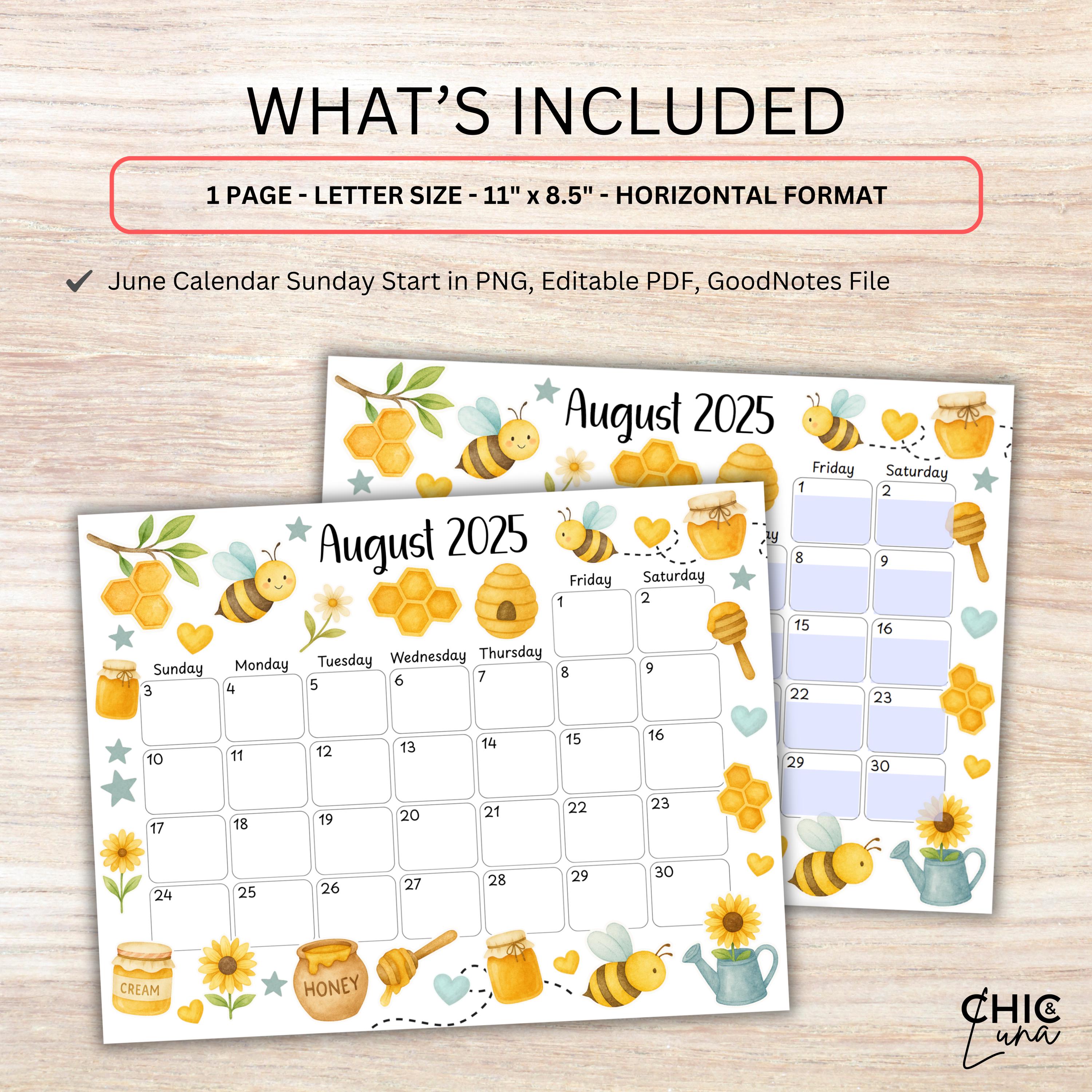 August 2025 Bee Calendar: Honey Theme, Sunday Start (fillable PDF) - Etsy