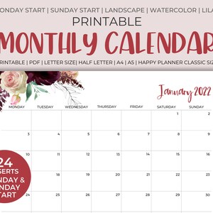 2022 Monthly Calendar Printable - Instant Download, Horizontal A4, A5 ...