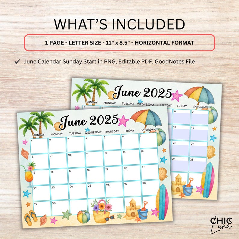 June 2025 Beach Calendar Printable: Editable PDF, Goodnotes (sunday ...