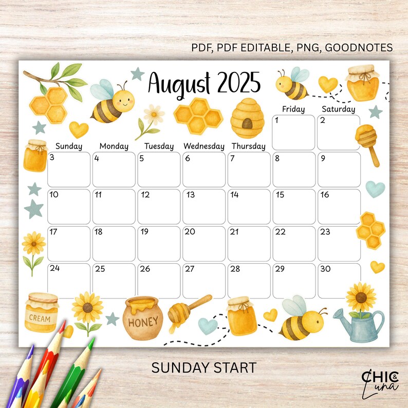 August 2025 Bee Calendar: Honey Theme, Sunday Start (fillable PDF) - Etsy