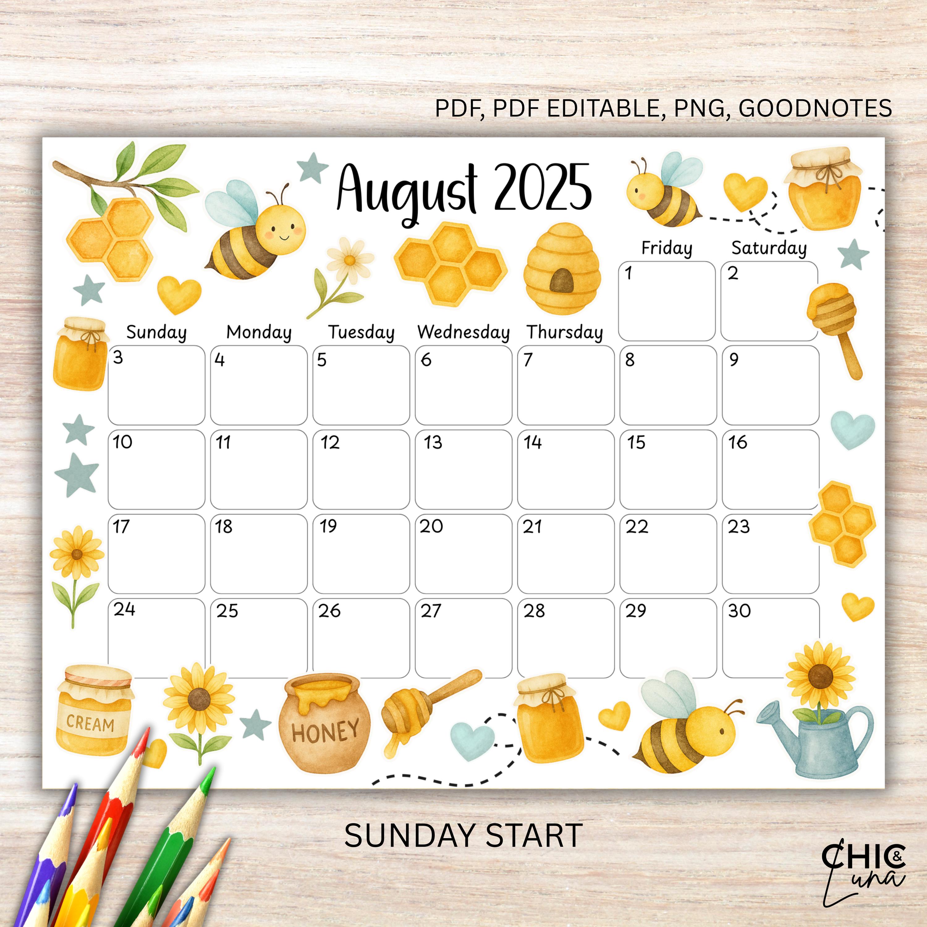 August 2025 Bee Calendar: Honey Theme, Sunday Start (fillable PDF) - Etsy