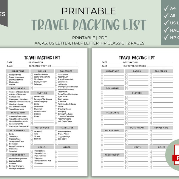 Travel Packing Planning List Template - Etsy