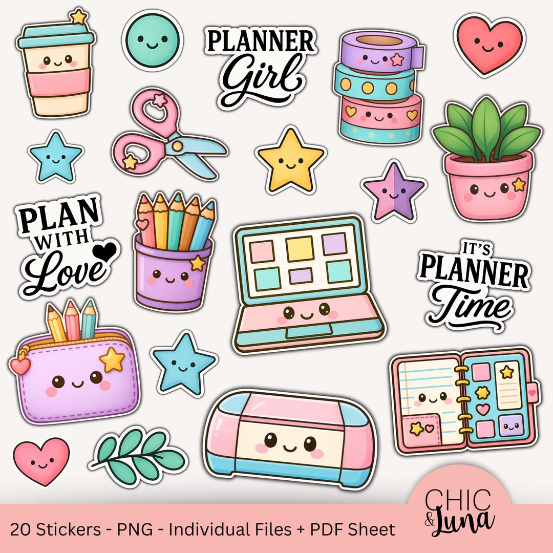 Planner Stickers PNG Bundle – Cute Kawaii Office Supplies, Planner Girl ...