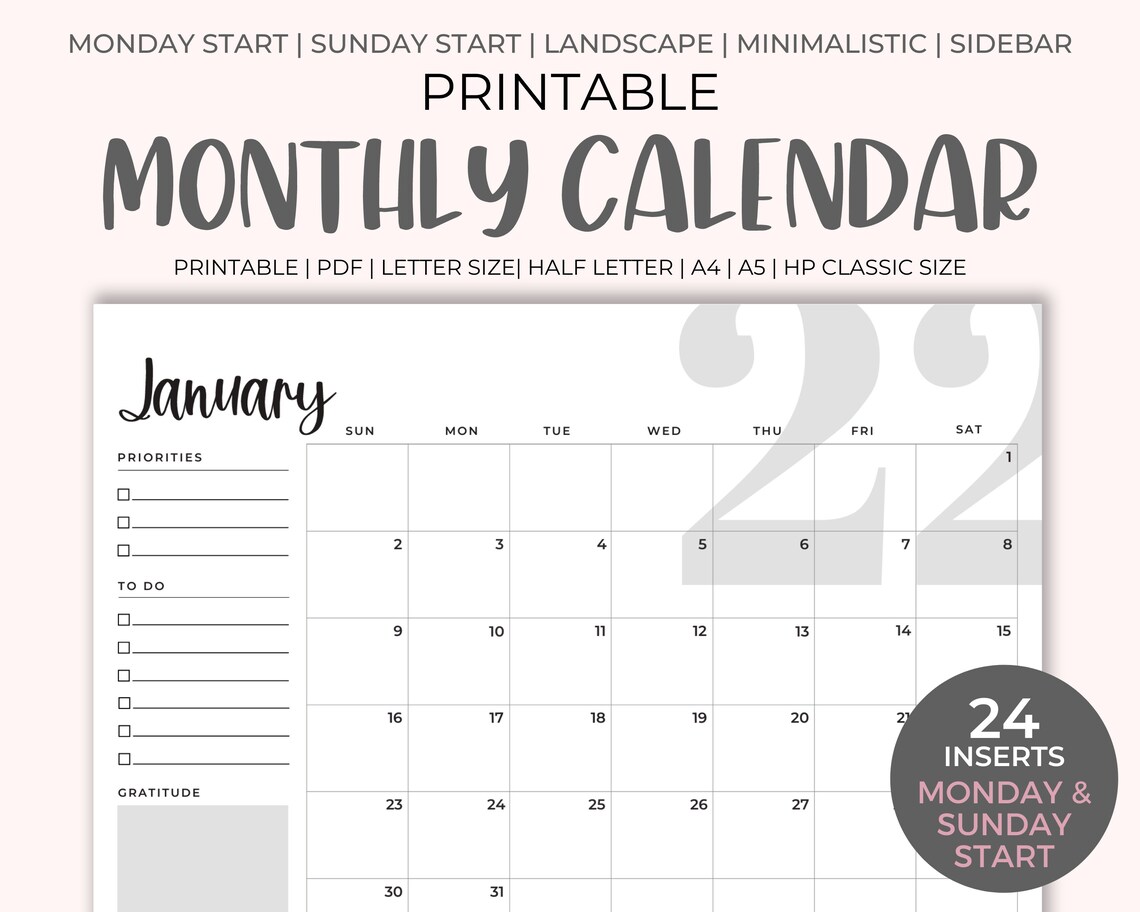 2022 Monthly Calendar Printable Instant Download Horizontal - Etsy