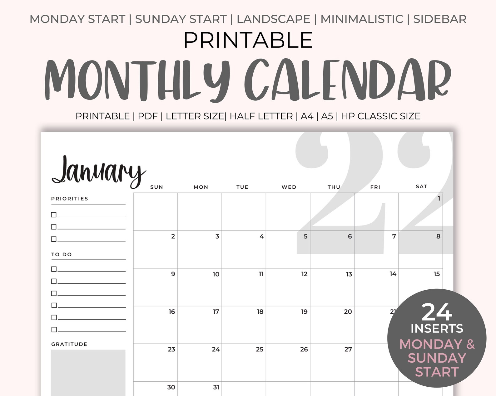 2022 Monthly Calendar Printable Instant Download, Horizontal A4, A5 ...