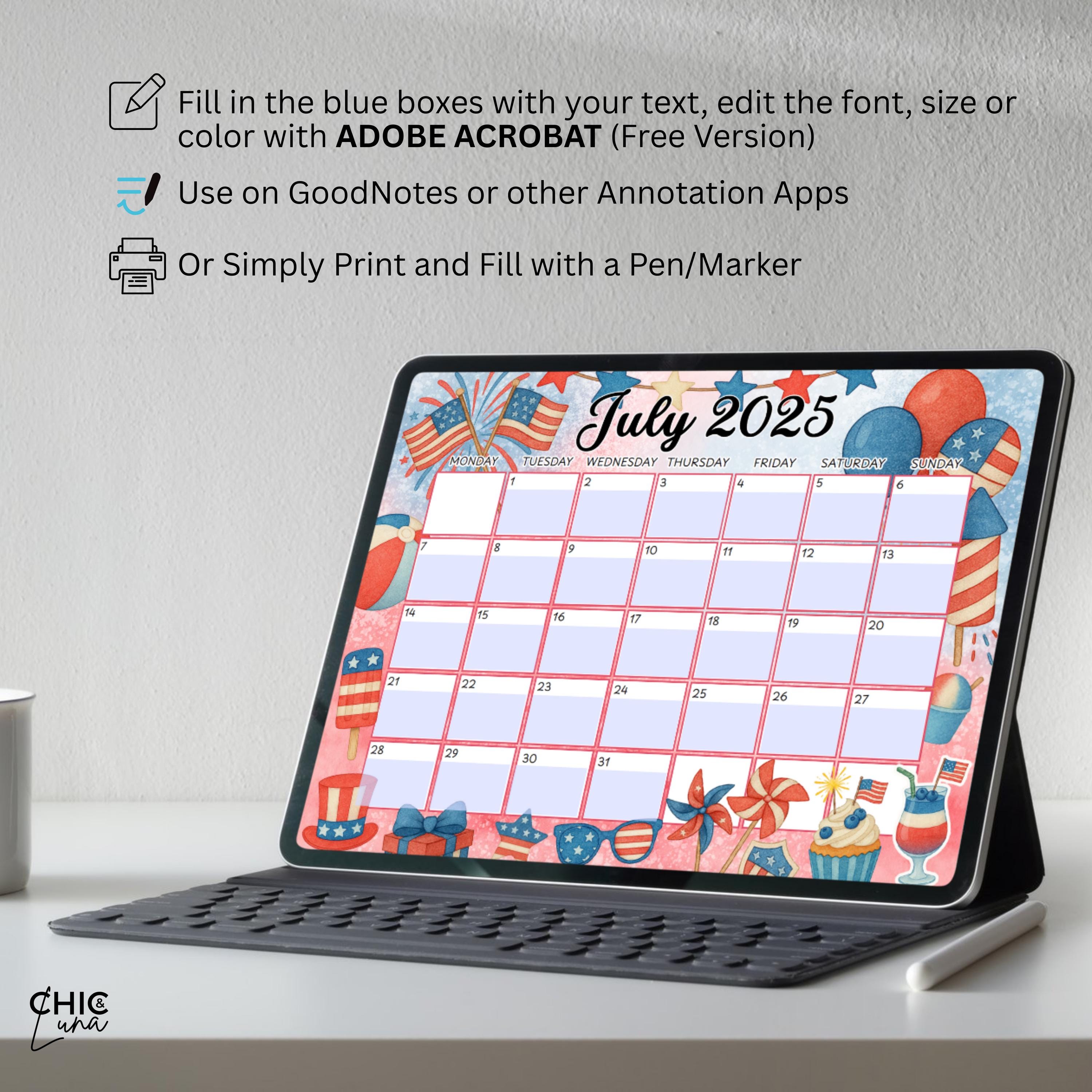 Editable July 2025 Calendar Printable | 4th of July PDF & Goodnotes ...