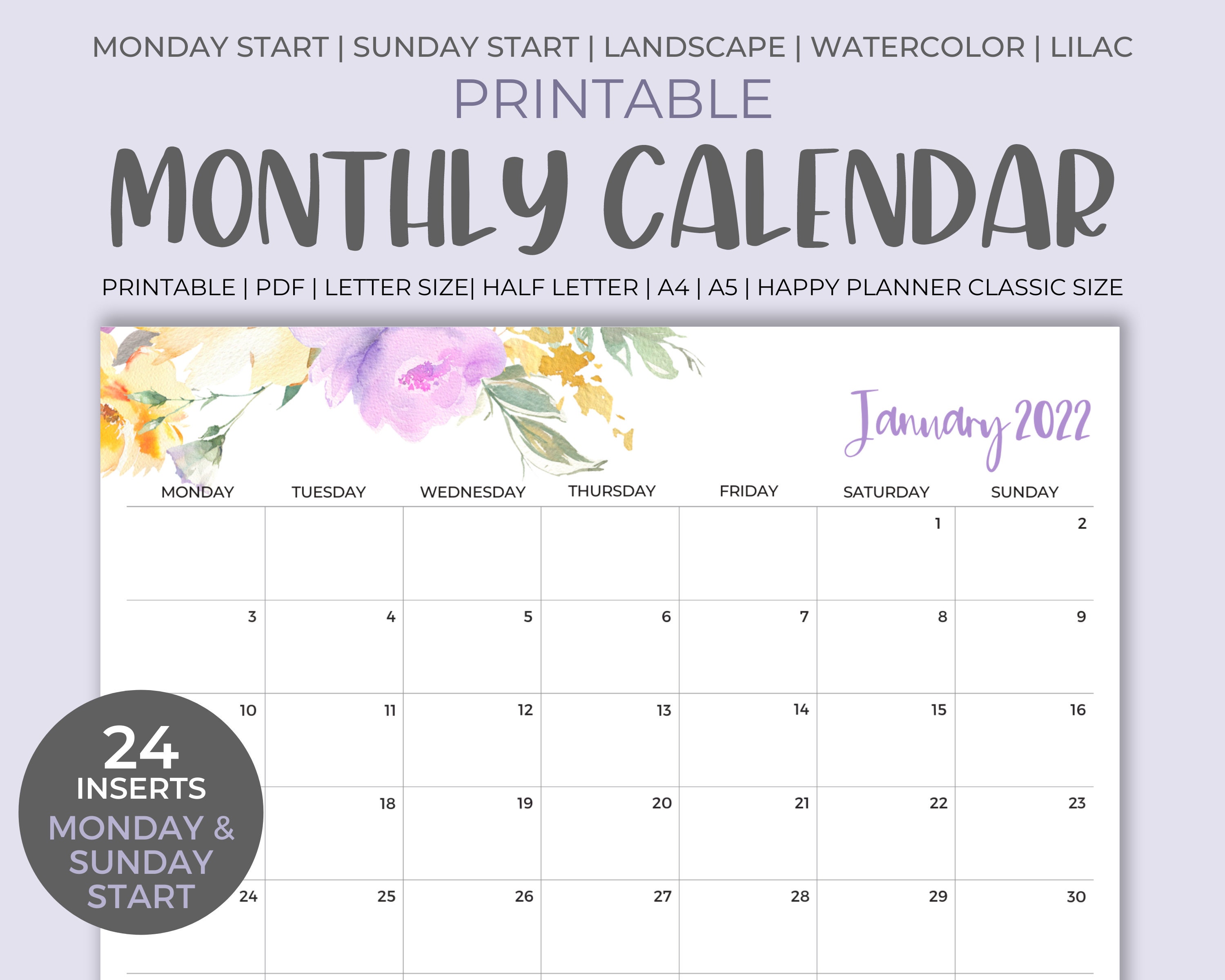 2022 Monthly Calendar Printable Instant Download, Horizontal Monthly ...