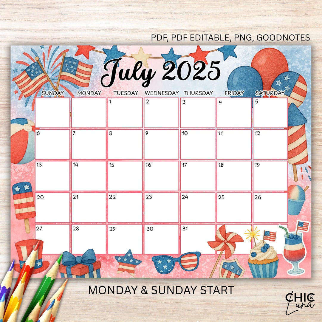 Editable July 2025 Calendar Printable | 4th of July PDF & Goodnotes ...
